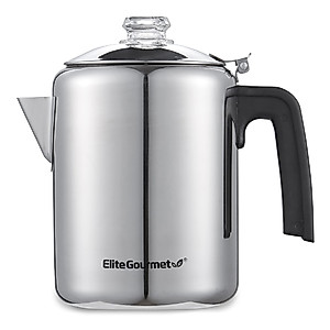 Elite Gourmet EC008X Classic 8-Cup Stovetop Coffee Percolator Glass Clear Brew Progress Knob, Cool-Touch Handle, Stainless Steel