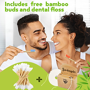 Bamboo Toothbrushes Pack of 5 - Cotton Buds & Dental Floss Included - Organic & 100% Biodegradable - Medium Firm Bristles, Plastic-Free Packaging