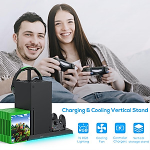 RGB Charging Stand with Cooling Fan for Xbox Series X Console &Controller,Dual Charger Station Cooler System Accessories with 15 RGB Light,2x1400mAh Rechargeable Battery,Headphone stand,Game Disc Slot