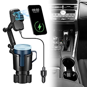 THIS HILL 3-in-1 Car Wireless Charger Cup Holder, Upgrade 15W Charging, Car Cup Holder Phone Mount with Adjustable Base & 360° Rotation Compatible for All Smartphones(with Car Adapter)