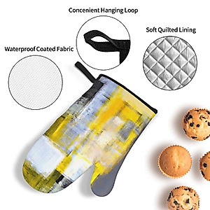 Oven Mitts and Pot Holders Sets of 4 Gray Yellow Modern Art Abstract Kitchen Potholder Gloves Heat Resistant Non-Slip for Chef Baking Cooking Grilling BBQ Mittens