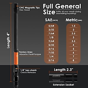 Nicofie Impact 4" Long Allen Wrench Drill Bit Set Hex Bit Set 20pcs (Metric&SAE), 1/4" Hex-Shank S2 Steel Hex Head, CNC Machined Tips with Extension Socket and Storage Box