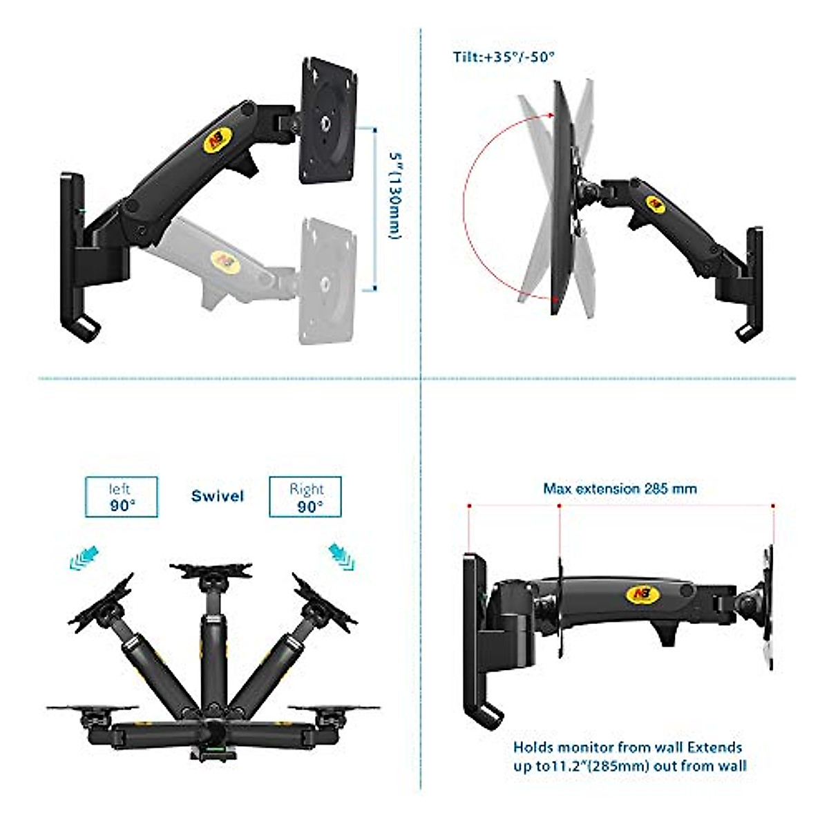 NB North Bayou TV Monitor Wall Mount Bracket Full Motion Articulating Swivel for 17-27 Inch Monitors with Gas Spring (Black Single Extension) F120-B