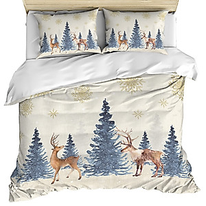 Christmas Elk Duvet Cover Set 3 Pieces with Zipper Closure, Navy Blue Ombre Xmas Tree Bedding Sets 1 Duvet Cover & 2 Pillow Cases, Deer Winter Snowflake Comforter Cover Set Duvet Cover California King