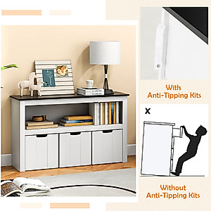 HONEY JOY Kids Toy Storage Organizer with Bins, Children Daycare Shelf w/Blackboard Top, 3 Wooden Toy Box w/Wheels, Toddler Classroom Display Cabinet for Playroom, Nursery, Kindergarten