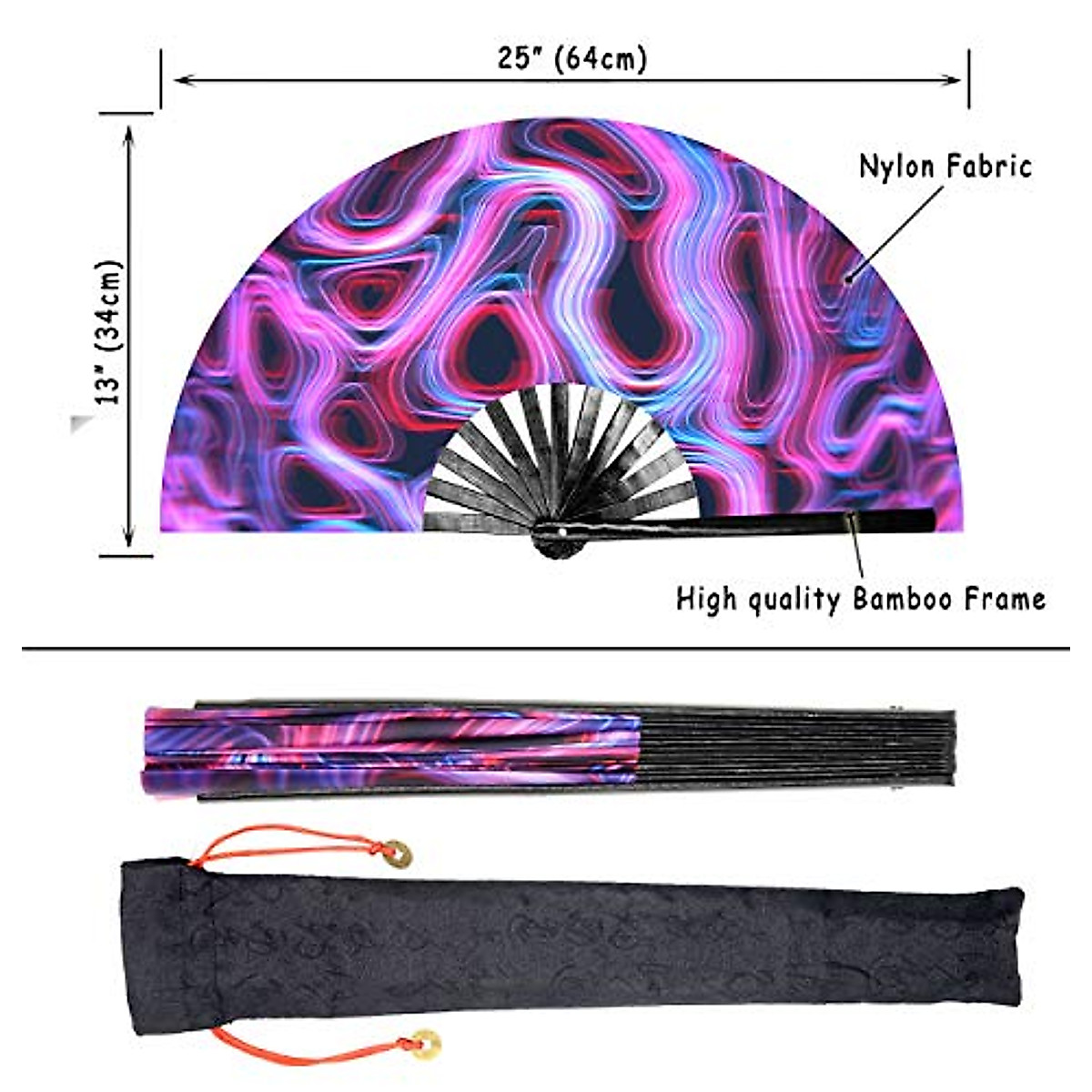 Leehome Large Rave Folding Hand Fan for Women/Men,Chinese/Japanese with Bamboo and Nylon-Cloth Handheld Fan,for Performance,Decorations, Dance,Festival Party,Gift (C03)