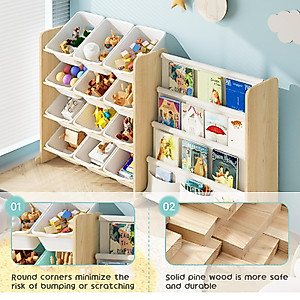 EXPERLAM Kids Toy Storage Organizer - Toy Organizer with Kids Bookshelf, Toy Storage with 12 Toy White Bins and 4 Book Shelves, Toy Organizers and Storage for Playroom, Nursery, Kids Room, Burlywood