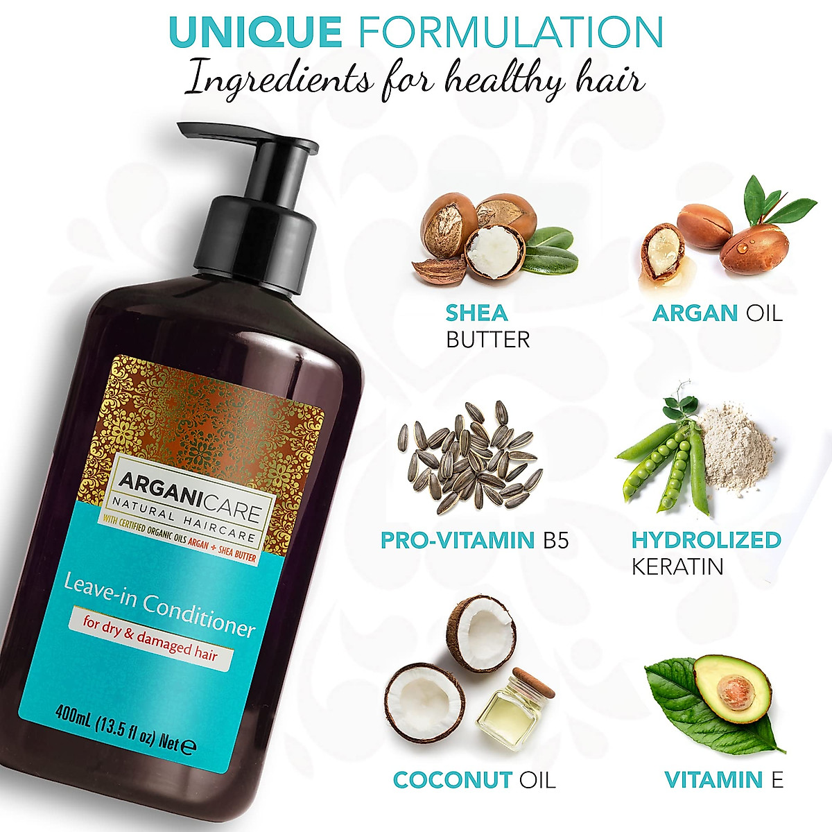 Arganicare Leave in Conditioner for Dry Damaged Hair (13.5 Oz) | Enriched with Organic Moroccan Argan Oil and Shea Butter | Enhance Curl and Extra shine | Moisturizing Leave in hair conditioner