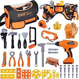 Toy Tool Set for Boys 46pcs Pretend Play Construction Toy with Storage Bag&Kids Toolbelt, Electric Drill Toy, Tape Measure, Goggle Toys Durable Kids Tool Accessories for 3 4 5 6 Year Old Kids Boys