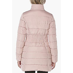 LAUNDRY BY SHELLI SEGAL Women's 3/4 Puffer Jacket with Zig Zag Cinched Waist and Faux Fur Trim Hood, Dusty Pink, Medium