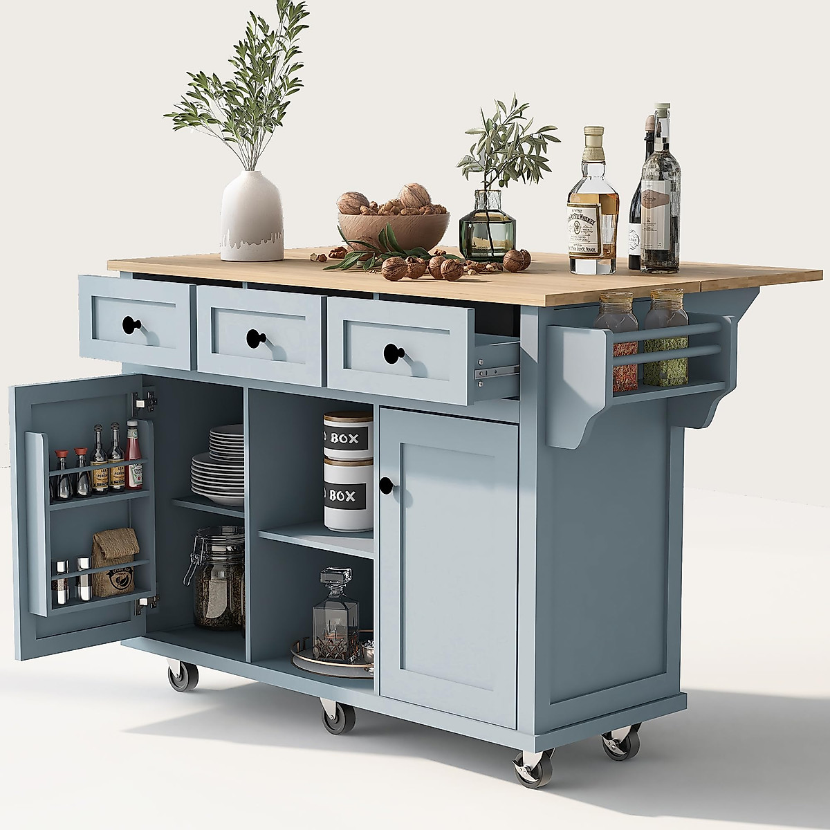 LUMISOL Kitchen Island with Drop Leaf, Rolling Kitchen Island Cart with Internal Storage Racks, Wood Kitchen Island on Wheels with Drawers, Spice Rack & Towel Rack, for Kitchen, Gray Blue