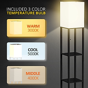 PESRAE Floor Lamp with Shelves by Solid Wood, Modern Shelf Floor Lamp with 3 Color Temperature, Linen Lampshade and Storage Shelves for Living Room, Bedroom, Bulb Included, Matte Black
