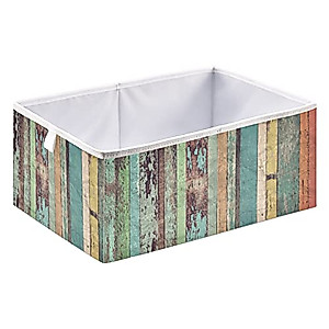 CaTaKu Vintage Wooden Cube Storage Bins for Organization, Rectangular Fabric Storage Cubes Storage Bins for Cube Organizer Foldable Storage Baskets for Shelves Living Room