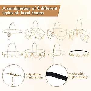 Dizila 8 Pieces Gold Head Chains with Rhinestone Pearl Leaf Coin Festival Prom Wedding Bridal Jewelry Boho Headbands Tassel Forehead Chain Hair Bands Headwear Headpieces for Women Girls
