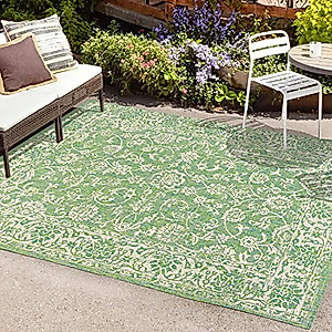 JONATHAN Y SMB100F-5 Tela Bohemian Textured Weave Floral Indoor Outdoor Area-Rug Coastal Vintage Rustic Glam Easy-Cleaning,Bedroom,Kitchen,Backyard,Patio,Non Shedding, 5 X 8, Cream/Green