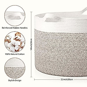 AivaToba Cotton Rope Basket, 22” x 14” Blanket Basket for Living Room, Woven Baby Laundry Baskets with Handles, Toys Basket, Large Baskets for Storage, XXXLarge Cotton Rope Basket for Organizing
