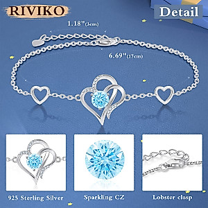 RIVIKO Love Heart Charm Bracelet For Women 925 Sterling Silver With Zirconia Birthstone Bracelets Adjustable Link for Mother Wife Girls Sister Birthday Christmas Mother's Day Jewelry Gift, Sterling