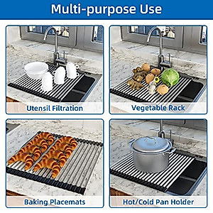 Roll Up Dish Drying Rack Multipurpose Over The Sink Dish Rack, Extra Large Roll-up Kitchen Sink Plate Drying Rack, Foldable Stainless Steel Dish Drainer, Portable Sink Drying Rack (20.5'' x 17.5'')