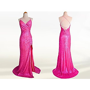 Dessiny Sexy One Shoulder Prom Dresses Hot Pink for Women with Slit Sparkle Sequin Dresses Mermaid Formal Party Ball Gown 2023 US10, A-hot Pink, 10