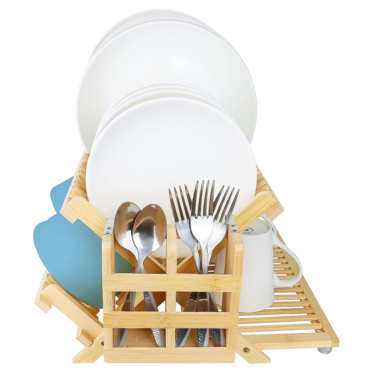 JOEY'Z Bamboo Dish Rack, Collapsible Dish Drying Rack for Kitchen Counter 3 Tier Kitchen Drying Rack (Dishrack with Utensil Holder)