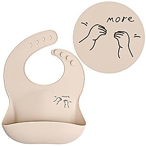 APLAINR Baby Sign Language Bib | Silicone Bibs for Babies & Toddlers | Adjustable Fit Waterproof Bibs (More Sign - Cream)