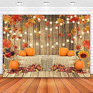 Avezano Fall Pumpkin Photography Backdrop Rustic Thanksgiving Harvest Wooden Floor Background Autumn Maple Leaves Baby Shower Decorations Party Supplies Photo Booth Props 7x5ft