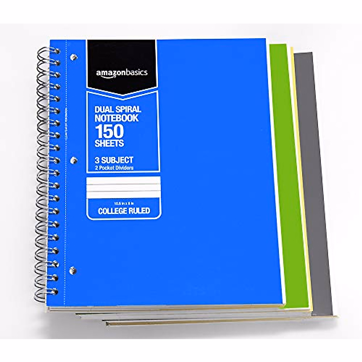 Amazon Basics College Ruled Wirebound 3-Subject 150-Sheet Notebook with Pocket Divider - Pack of 3, 10.5 x 8 Inch, Grey / Green / Blue
