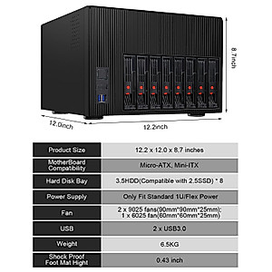 AUDHEID K7 8 Bay NAS Case, Computer Enclosures Compatible Micro-ATX Mini-ITX Motherboard, 3 x Fans, 8 x 2.5/3.5" Tray, Network Attached Storage Server for Home(Diskless)