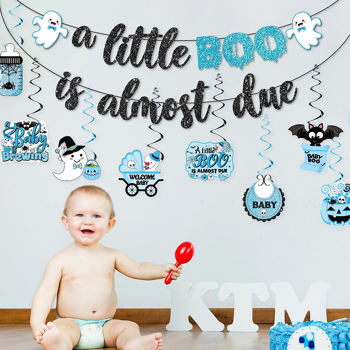 Halloween Ghost Baby Shower Party Decorations, A Little Boo is Almost Due Blue Baby Decor for Boy and Girl, Spooky Birthday Decorations Boo Banner