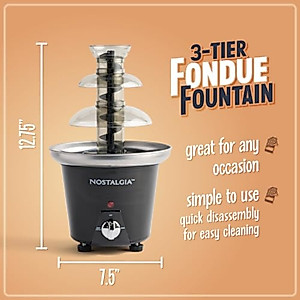 Nostalgia Electric Chocolate Fondue Fountain, 24-Ounce, 3-Tier Set, Fountain Machine for Cheese, Melting Chocolate, Liqueurs, Black