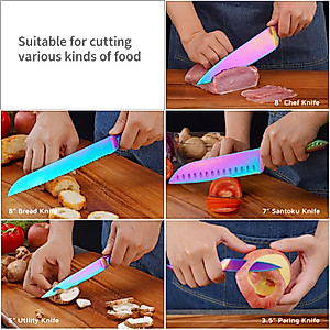 Hollory Rainbow Kitchen Knife Set 5 Piece, Super Sharp German Stainless Steel Blade with 8 in Chef, 8 in Bread, 7 in Santoku, 5 in Utility, 3.5 in Paring - Gift Box