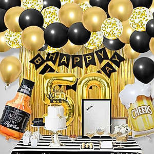 50th Birthday Decorations Men, Black and Gold 50th Birthday Balloons, Banner and Birthday Cake Topper, Happy 50 Birthday Decorations for Men
