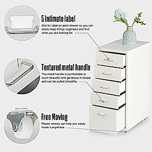LONABR 5 Drawer Chest Metal Storage Dresser Cabinet with Wheels & Handle Slim Night Table for Home Office Cabinets,White