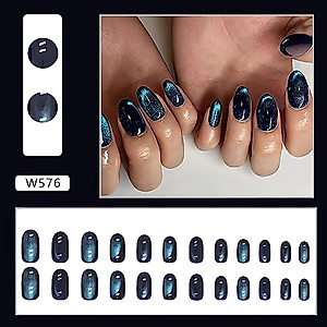 Aurora Press on Nails Almond, LPOODDNU Medium Press on Nails Aurora Cat Eye Glue on Nails for Women, Full Cover Stick on Nails - 24 Pcs Medium Oval False Nails Set