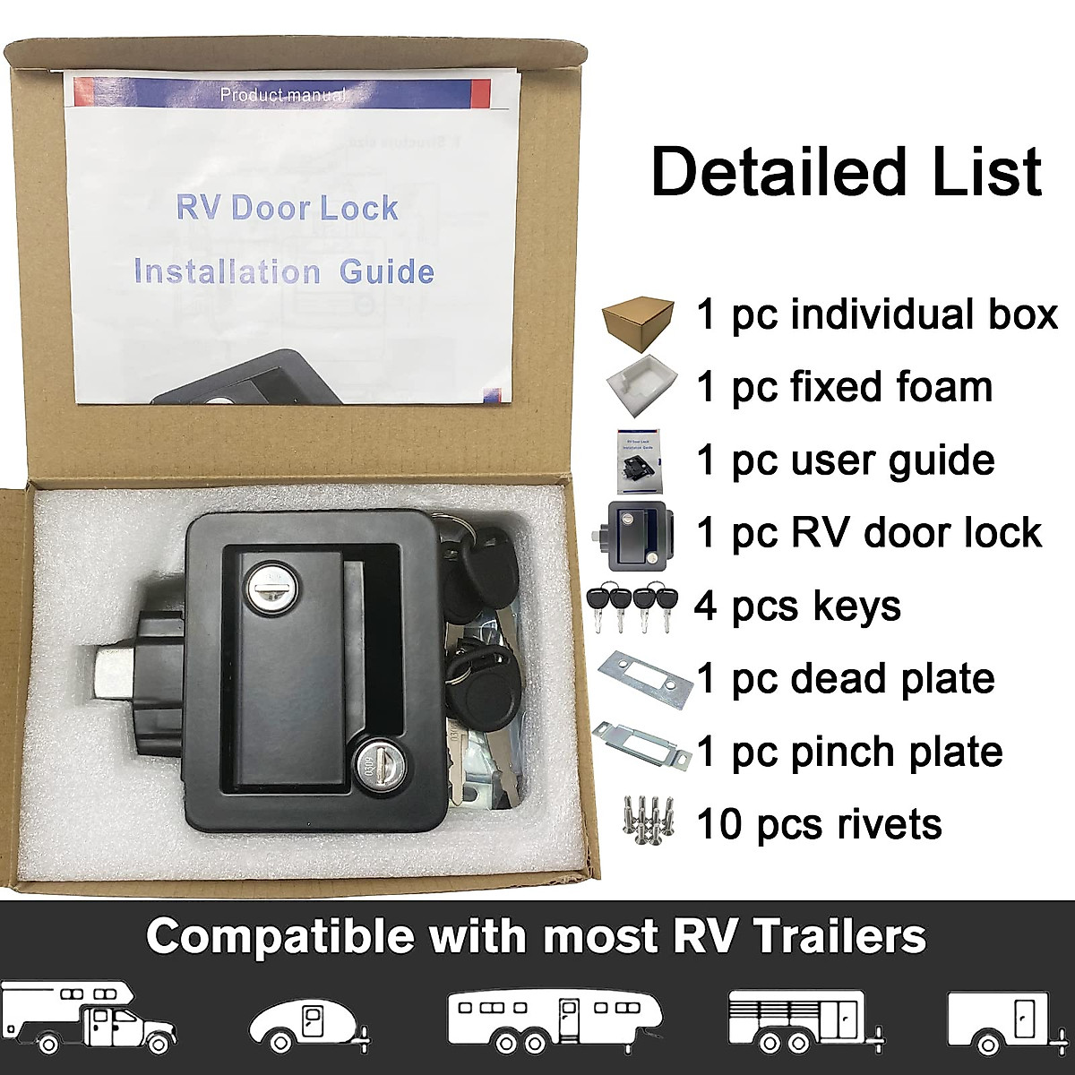 Ganlandy RV Door Latch, Black, Waterproof, Key Lock, Fits 2.5" x 3.5" to 3" x 4" Door Holes, 100% Metal
