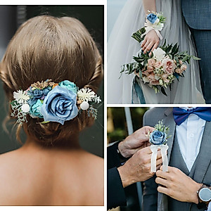 Footfox Blue Rose Corsage and Boutonniere Set with Bridal Hair Comb, Corsages for Wedding