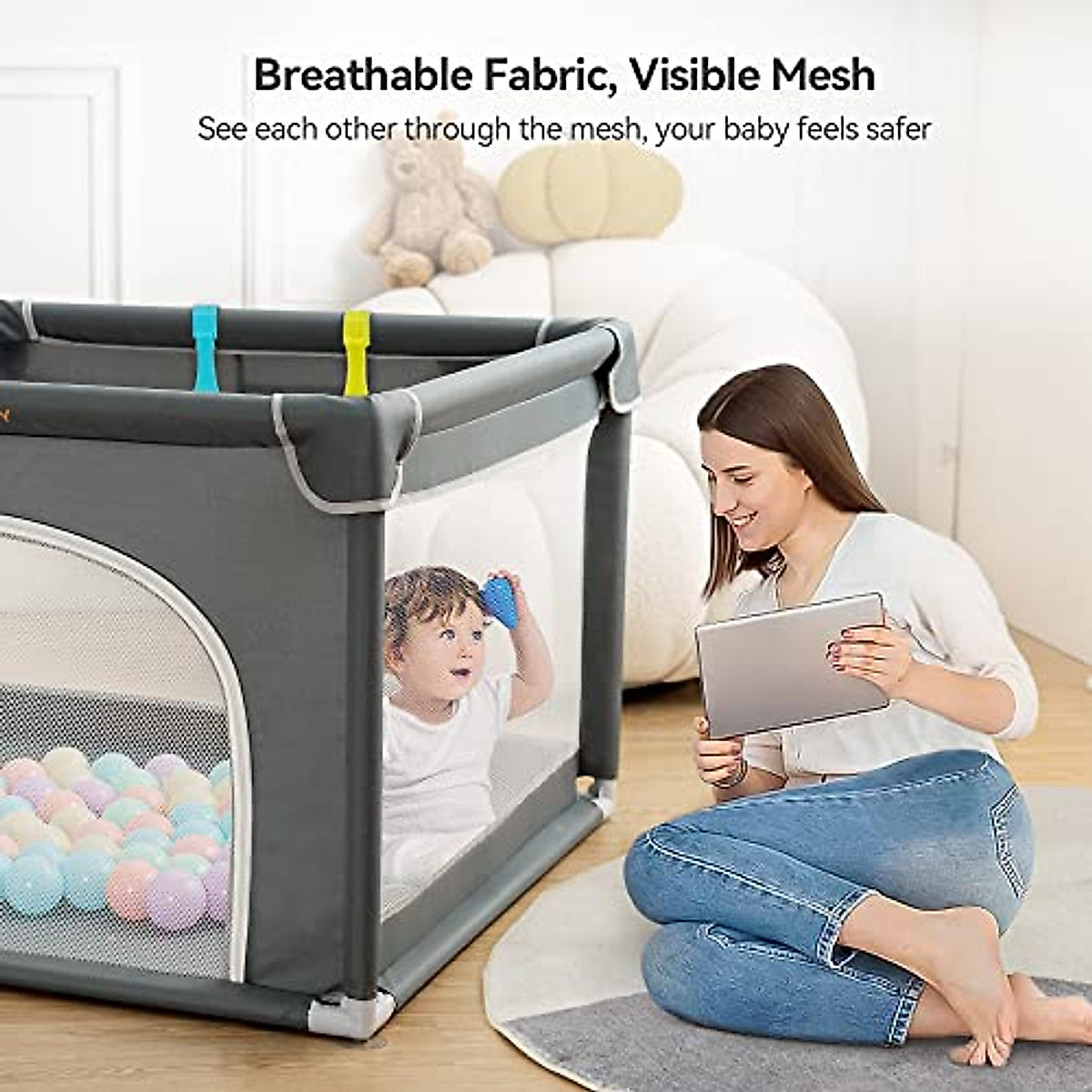 COMOMY Playpens for Babies and Toddlers, Small Baby Play Pens, Activity Center for Baby Safe and Non-Slip Baby Fence, Full Mesh Design, Indoor & Outdoor Kids Activity Center (Dark Grey, 36"x36")