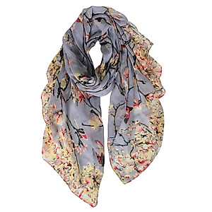 GERINLY Floral Birds Work Scarves for Womens Lightweight Cotton Shawls and Wraps Soft Thin Neckwear Head Scarf (Grey)