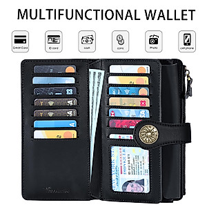 Travelambo Womens RFID Blocking Large Capacity Luxury Waxed Genuine Leather Clutch Wallet Multi Card Organizer (01 ReNapa Black)