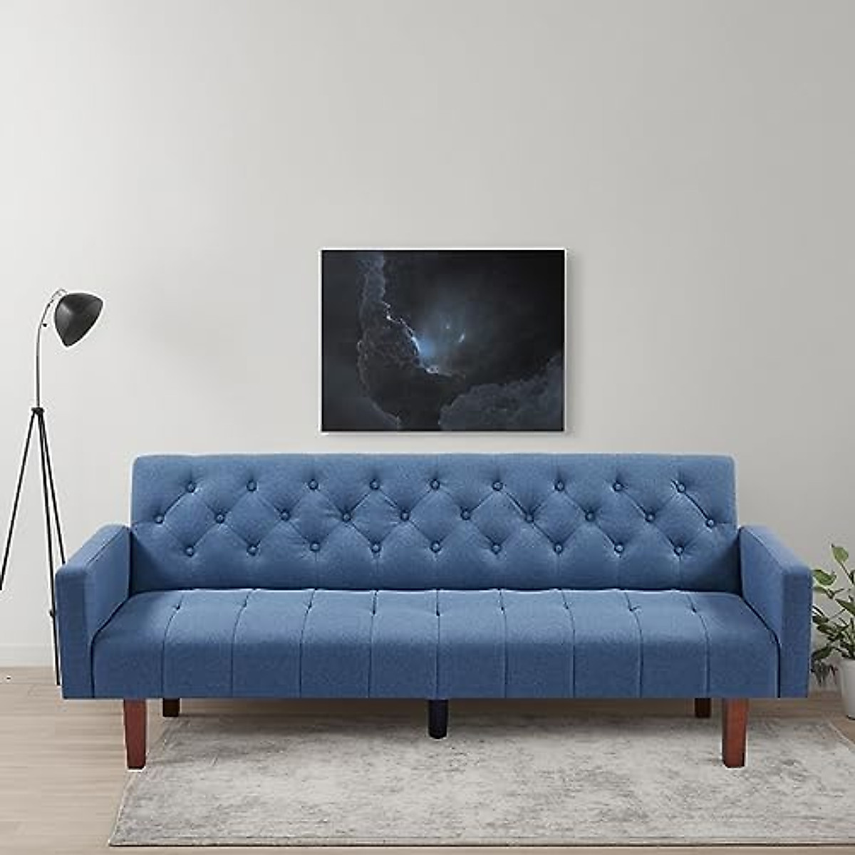 Fangflower Blue Tufted Back Sofa Bed Mid-Century Convertible Sleeper Futon with Tapered Wood Legs for Living Room Apartment Lounge