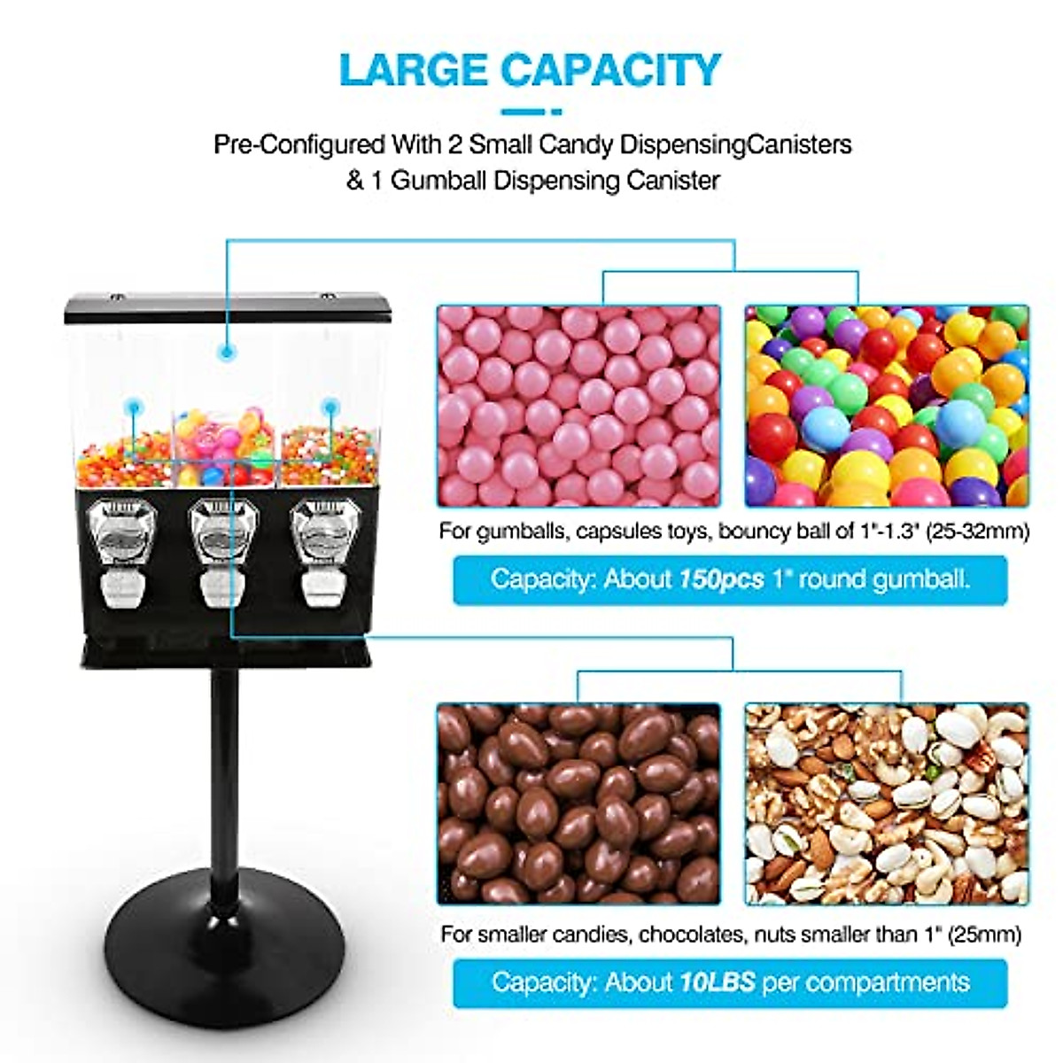 IRONWALLS Commercial Candy Vending Machine with Stand, Black Capsule Toy Gumball Vending Machine for Business, 25 Cent Coin Operated Metal Candy Dispenser Machine with 3 Canisters for Store, Park