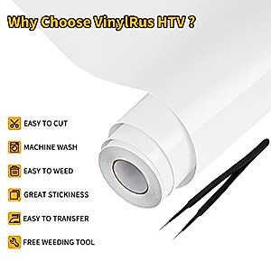 VinylRus Heat Transfer Vinyl-12” x 25ft White Iron on Vinyl Roll for Shirts, HTV Vinyl for Silhouette Cameo, Cricut, Easy to Cut & Weed
