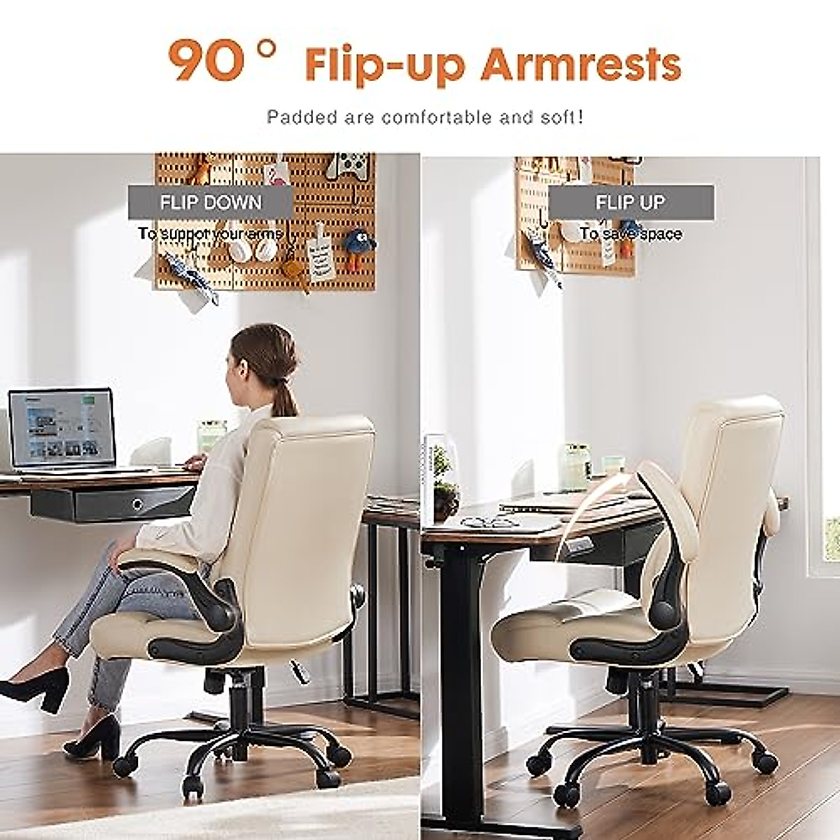 Sweetcrispy Ergonomic Executive Office Chair: Desk Chair with Wheels Mid Back Computer Chair with Lumbar Support Height Adjustable PU Leather Office Chair Flip Up Arms, Beige White