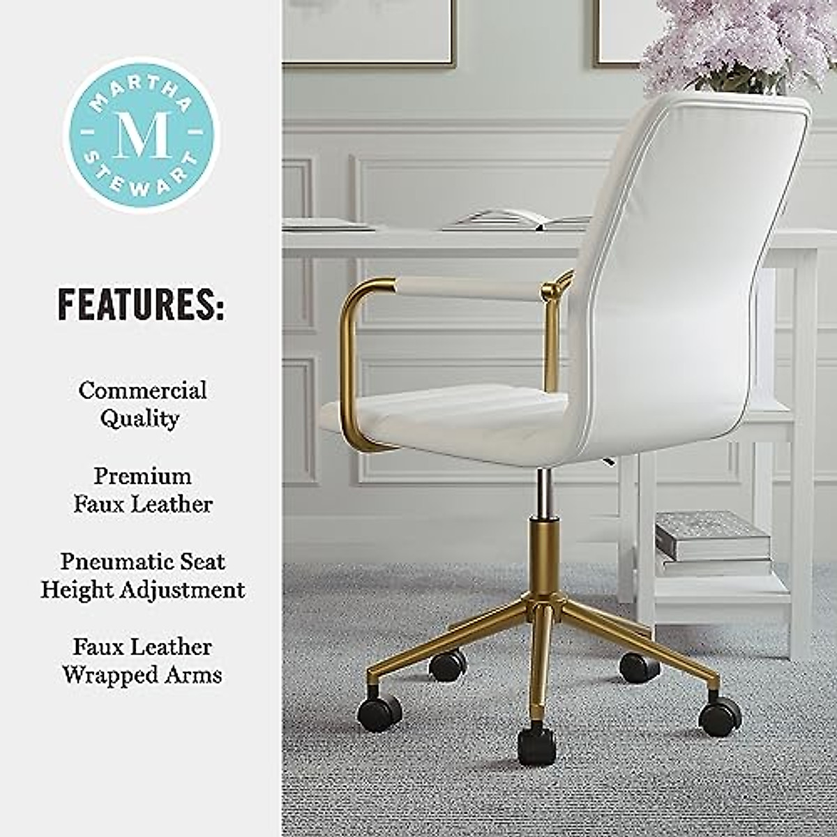 Martha Stewart Taytum Swivel Task Chair with Armrests for Home Office in White Faux Leather with Polished Brass Frame