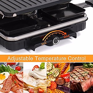 Raclette Table Grill, Electric Griddle Korean BBQ Grill Indoor Grill, 2 in 1 Electric Griddle Nonstick with 8 Raclette Cheese Pans Adjustable Temperature Control 1300W Ideal for Family and Party Fun