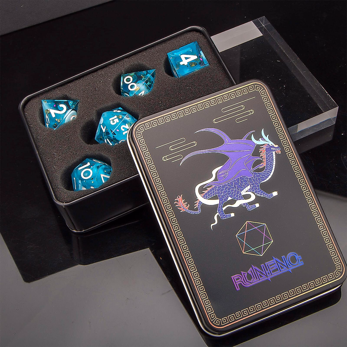 DND Polyhedral Dice Set RUNFNG Resin Sharp Edge D&D Dice 7PCS D+D Transparent RPG Dice for Dungeons and Dragons Accessories, Role Playing Table Game, Warhammer with Metallic Box