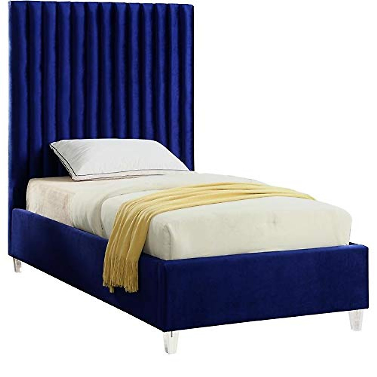 Meridian Furniture Candace Collection Modern | Contemporary Velvet Upholstered Bed with Deep Channel Tufting and Custom Acrylic Legs, Navy, Twin