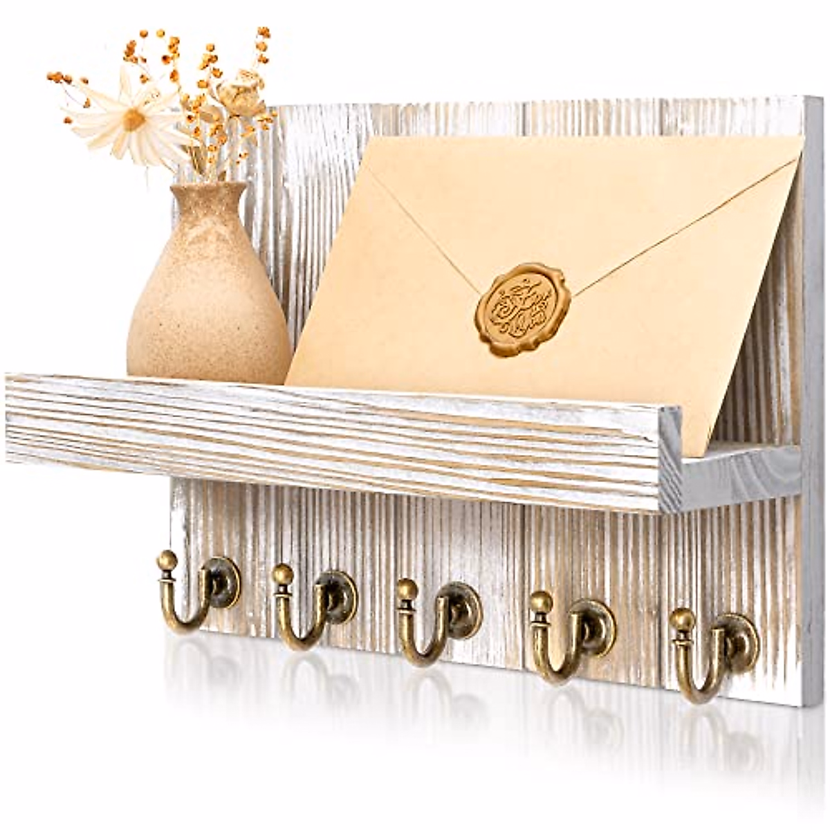 Rebee Vision Farmhouse Key Holder for Wall - Decorative Mail Organizer and Retro Key Hanger for Wall - 5 Sturdy Key Hooks with Small Floating Shelf for Rustic Apartment Essentials (Natural Wood)