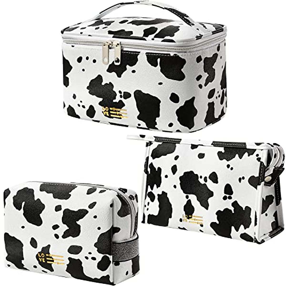 MIRASON Makeup Bag Travel Toiletry Bag for Women, Cute Make Up Bag Set of 3 for Purse Pouch Zipper Makeup Organizer Bag PU Leather Washable Waterproof Cosmetic Bag (Cow Print)