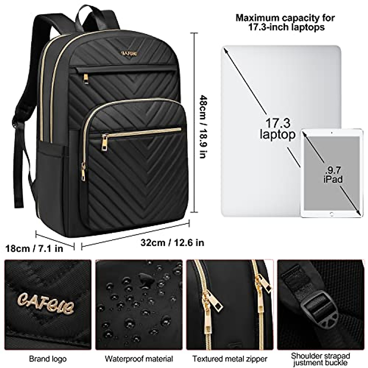 CAFELE Laptop Backpack 17.3 Inch Stylish Daypack with USB Port, Water-repellent College Bookbag,Large Bagpack for Travel/Business/Women/Quilted Black